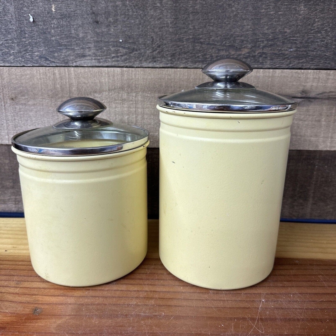 Vintage 2 Yellow Metal Canisters W/glass Chrome Lids & Rubber Seals - Etsy