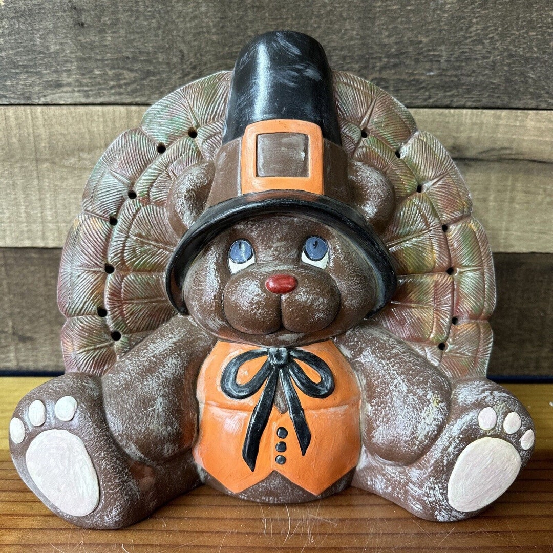 Vintage Ceramic Teddy Bear Pilgrim Turkey Tail Thanksgiving Fall ...