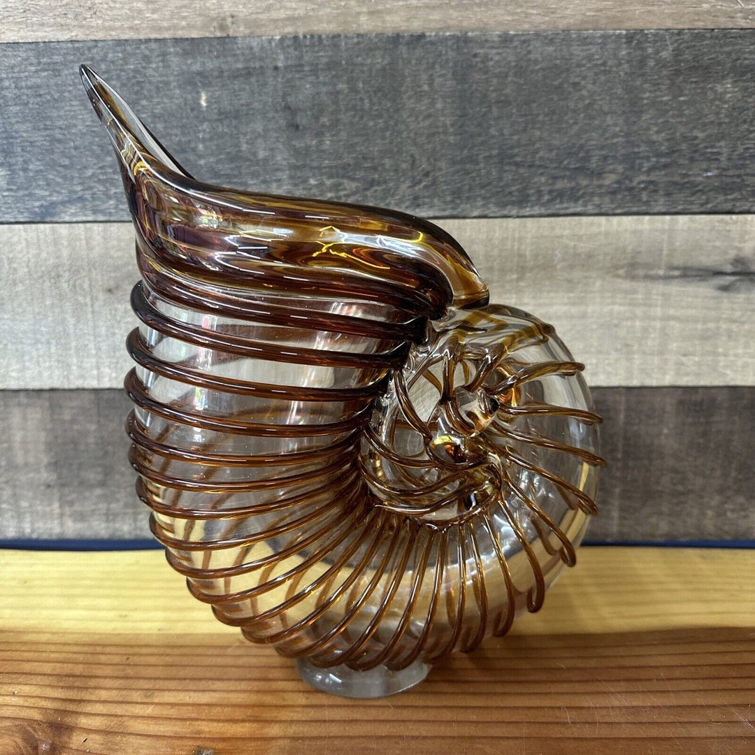 Art Glass Nautilus Shell Vase Clear Amber Striped Cornicopia Murano ...