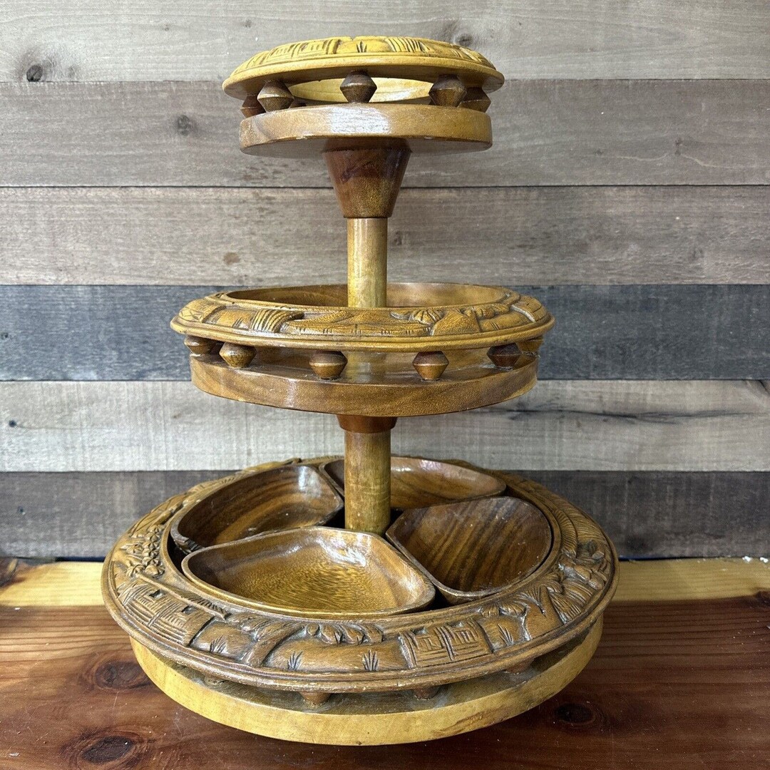 MCM Wood Carved Lazy Susan 3 Tier Centerpiece Serving Set - Etsy