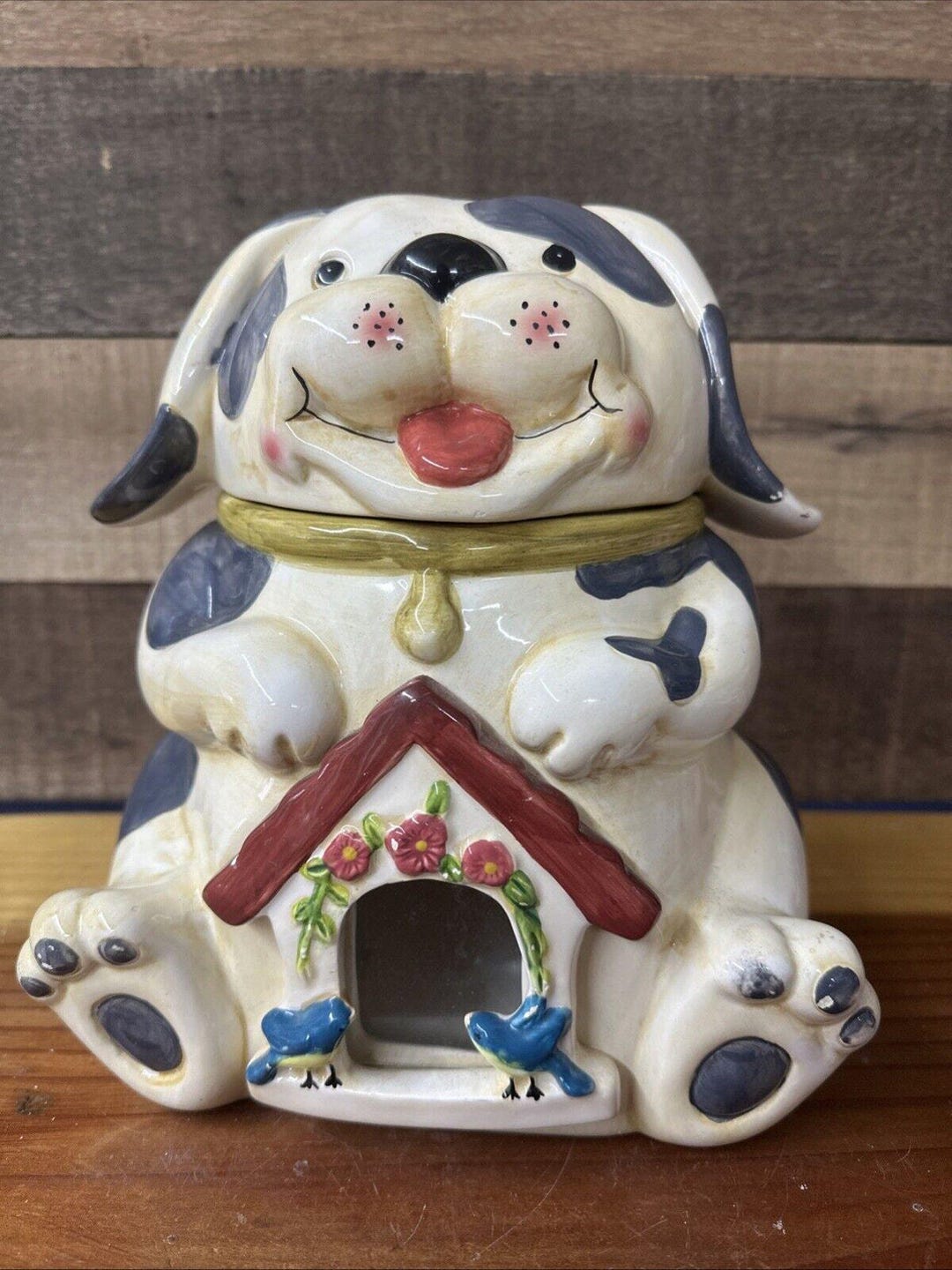 Gray Spotted Dog Holding Birdhouse With Clear Window Ceramic Cookie Jar ...