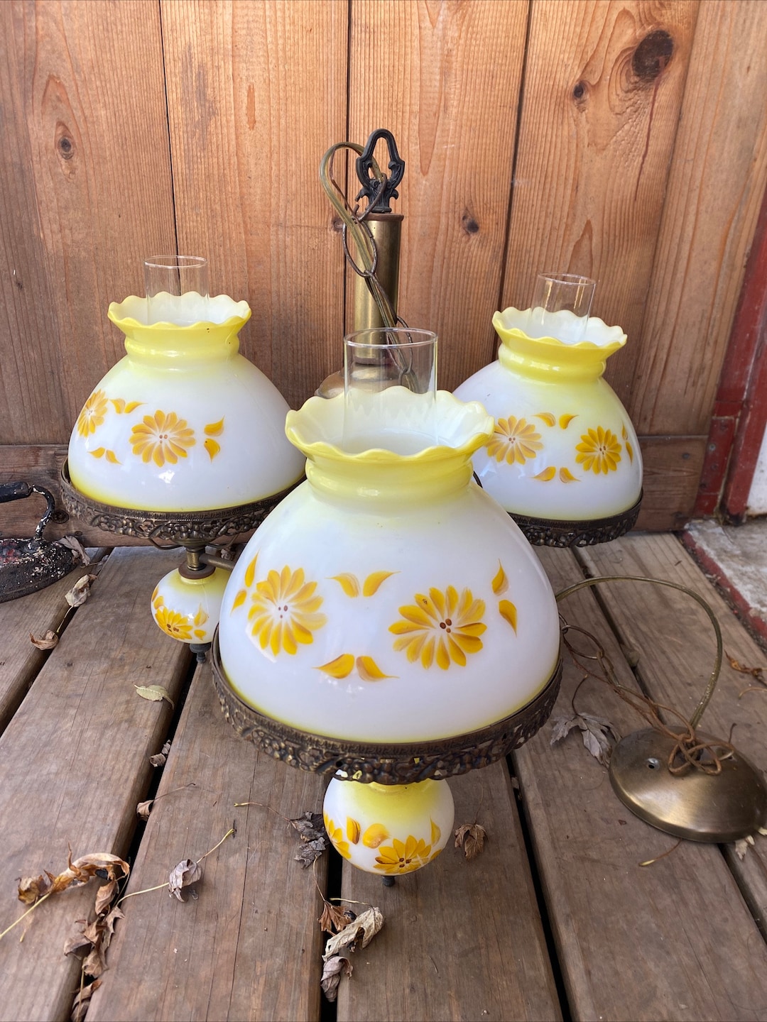 Antique Parlor Chandelier 3 Hurricane Ceiling Light Yellow Floral - Etsy