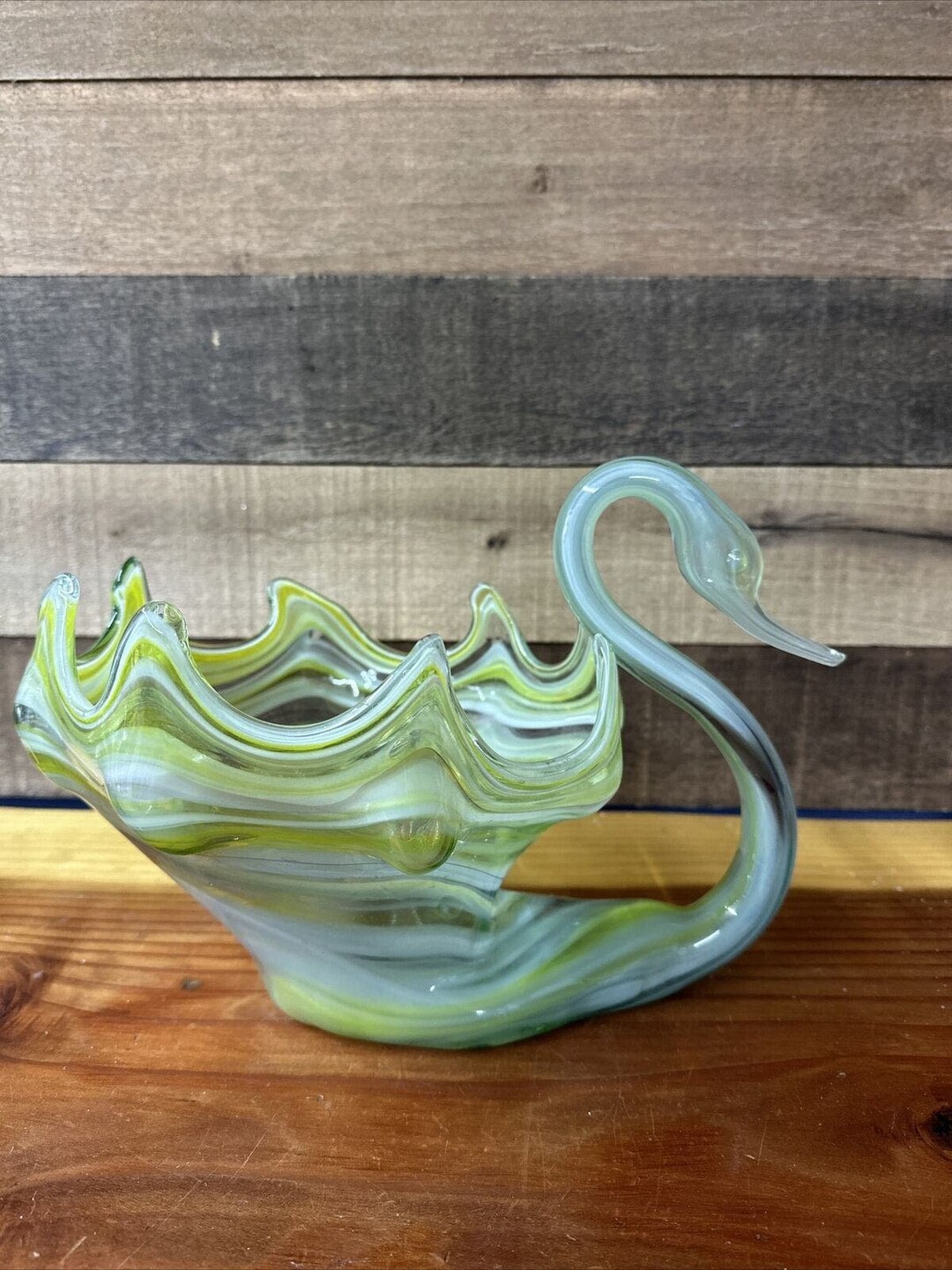 Vintage Sooner Art Glass Swan Vase Bowl Hand Blown Yellow White 12” - Etsy