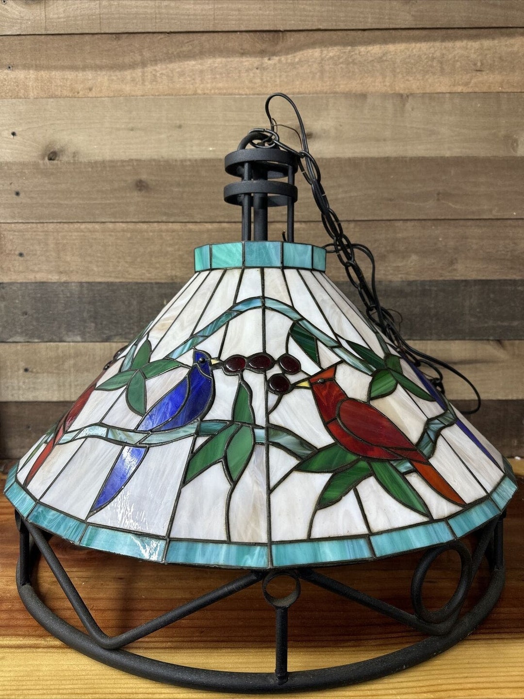 Stained Glass Tiffany Style Hanging Light W/ Blue Jays Cardinals ...