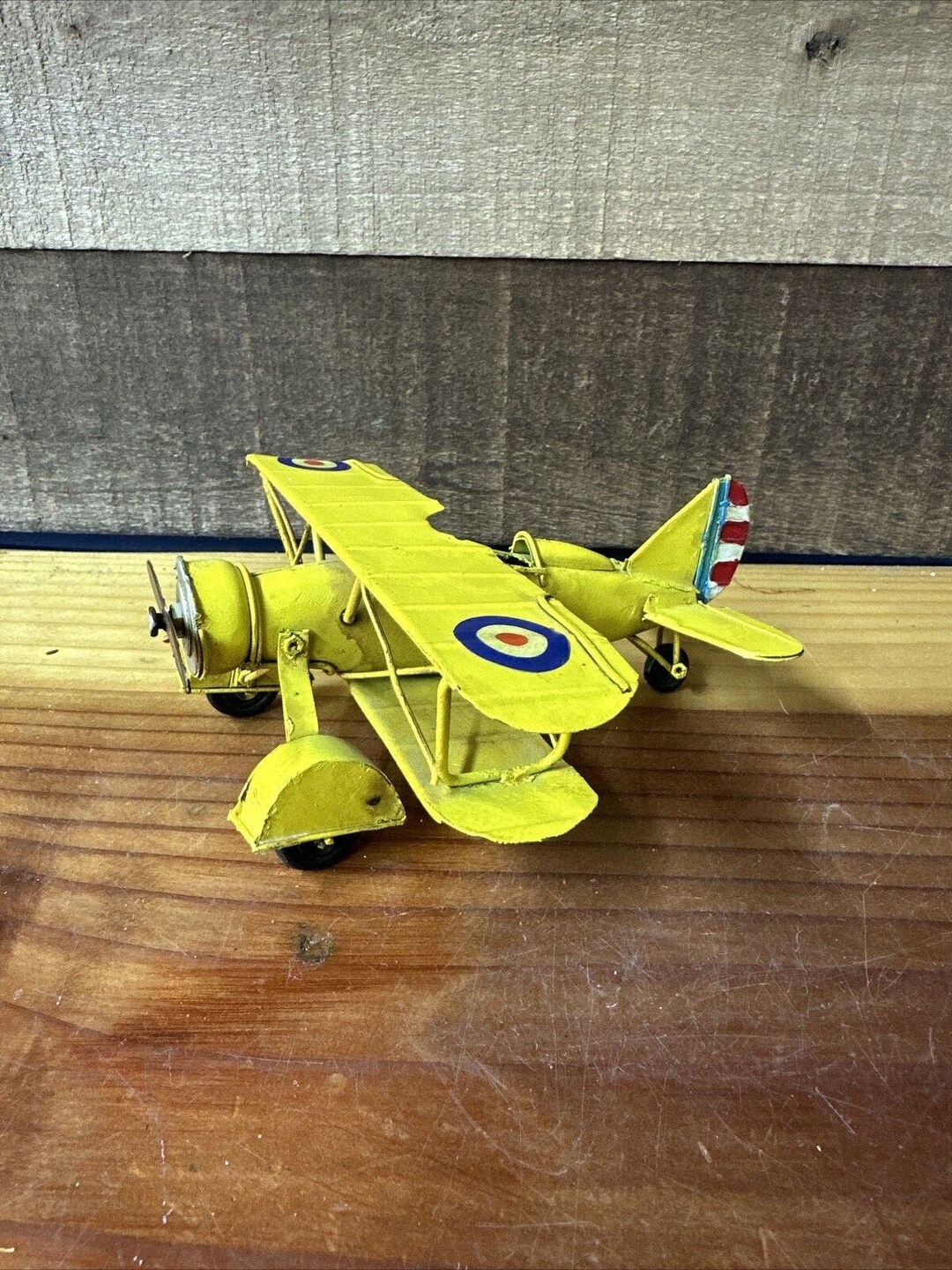Yellow Metal Airplane Bi-wing Figurine Toy Single Engine Vintage Style ...