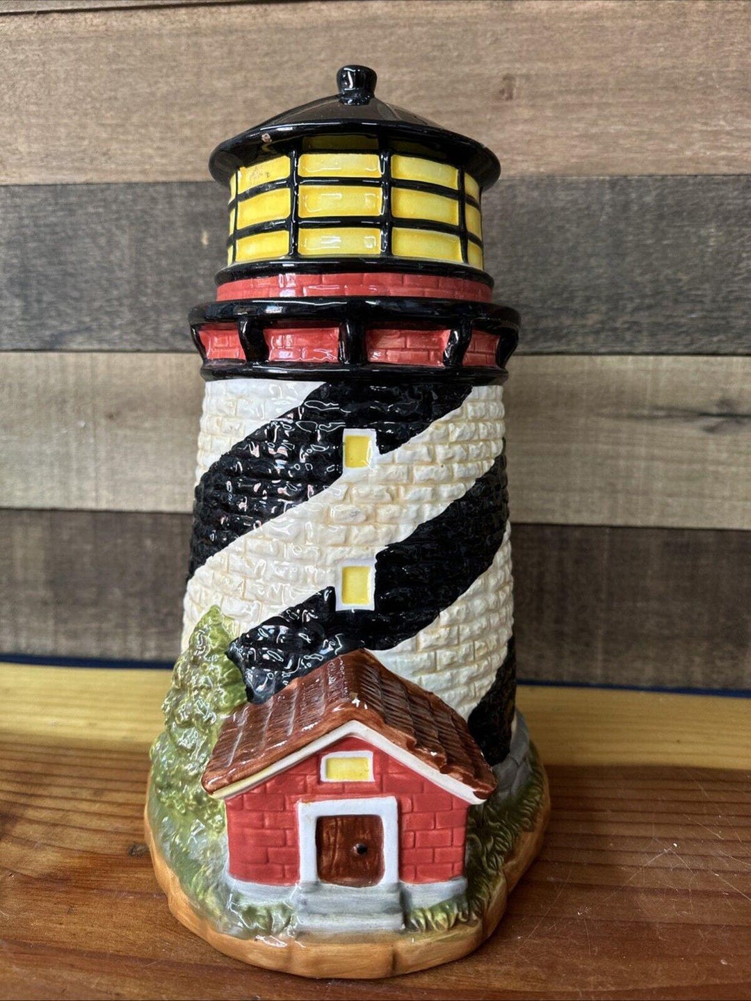 Vintage GKAO Ceramic Black & White Lighthouse Candy Cookie Jar 12" Tall ...