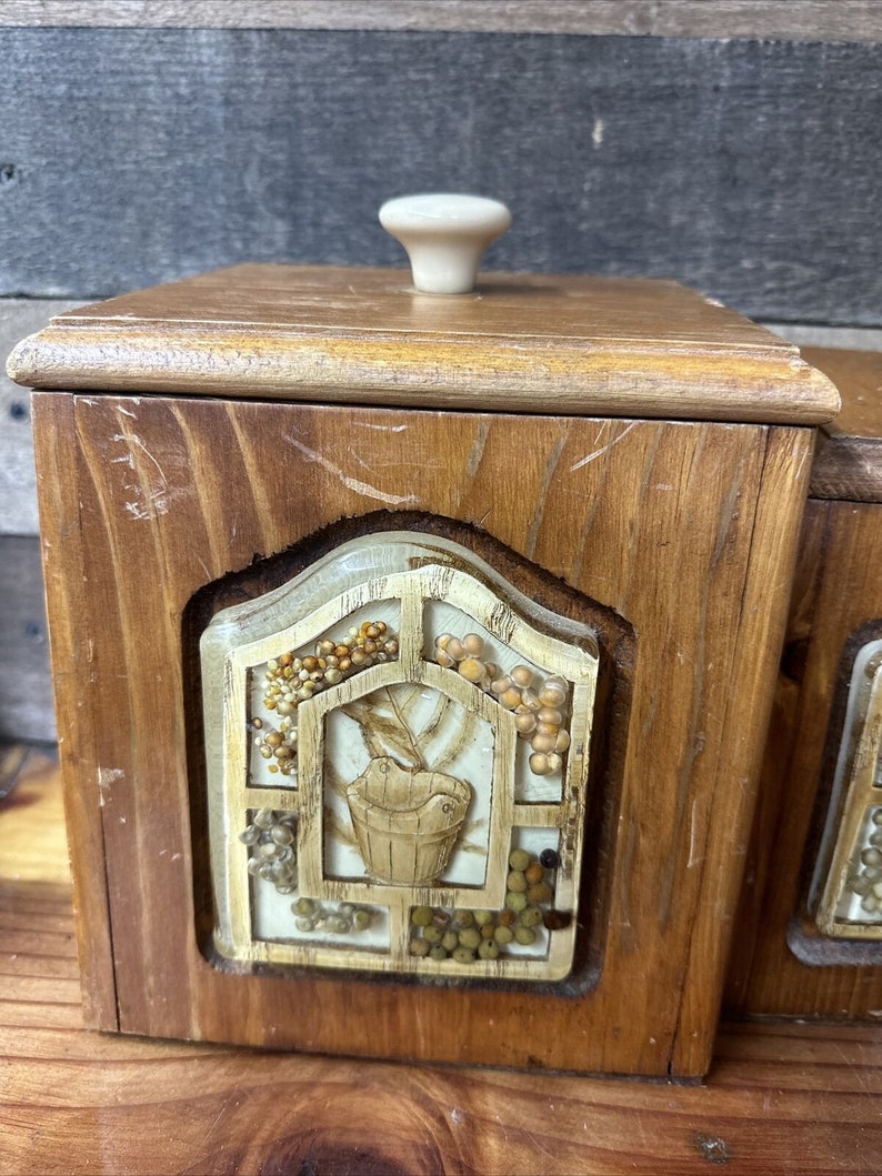 Vintage 3 Piece Wooden Kitchen Canister Set With Lucite Inserts ...