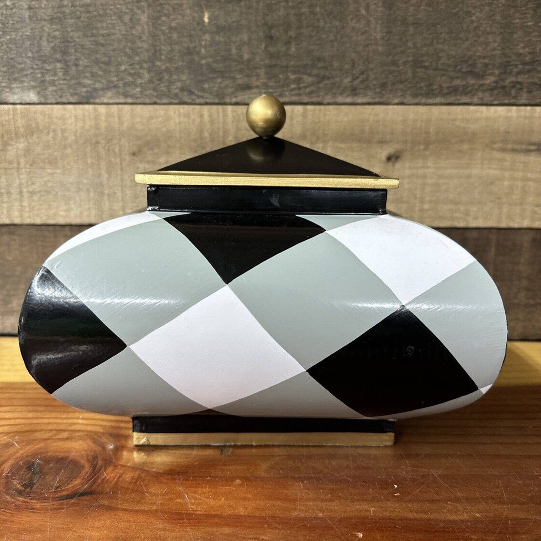 Black and White Buffalo Checked Canister Squashed Pot With Lid - Etsy