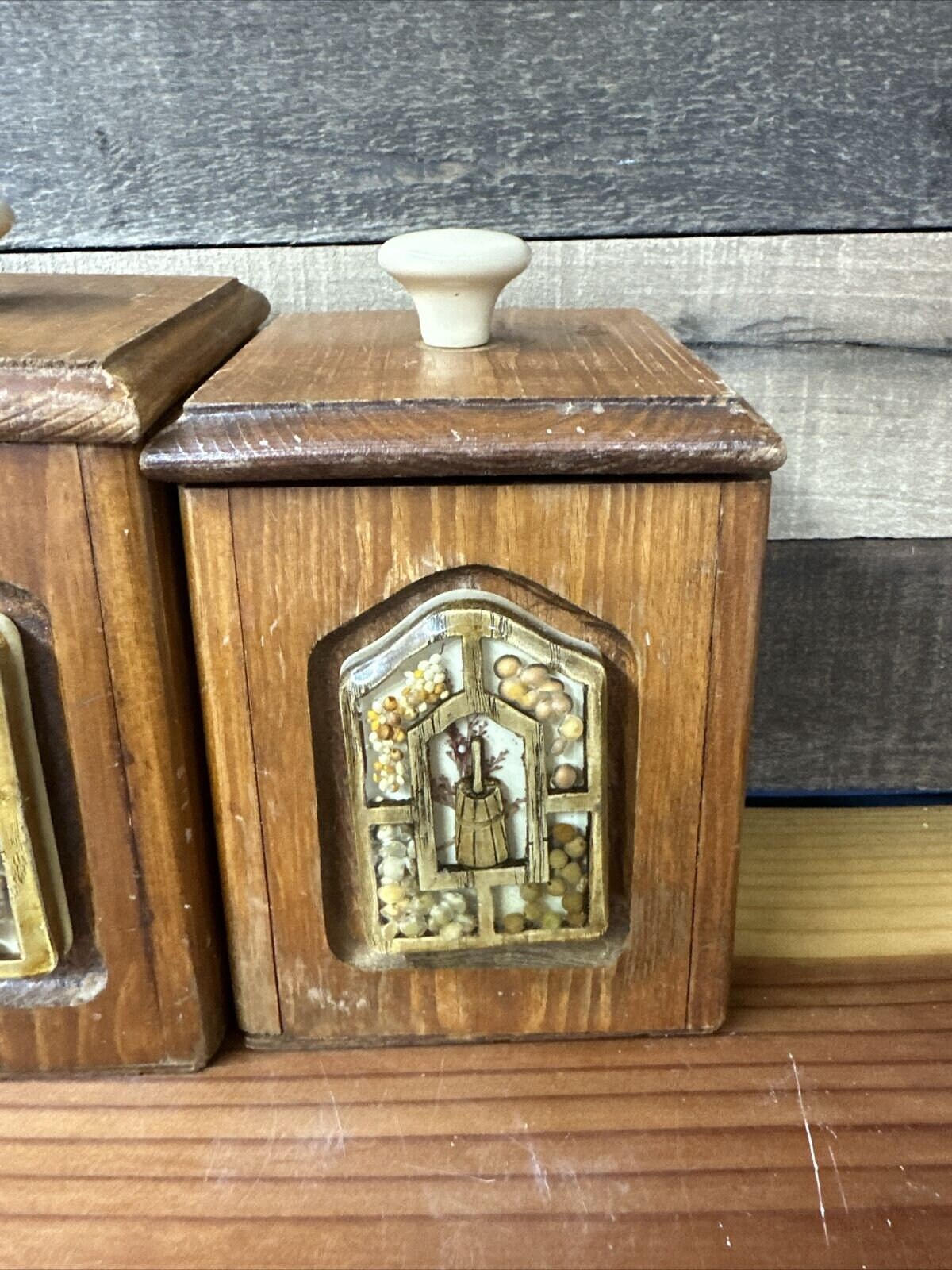Vintage 3 Piece Wooden Kitchen Canister Set With Lucite Inserts ...