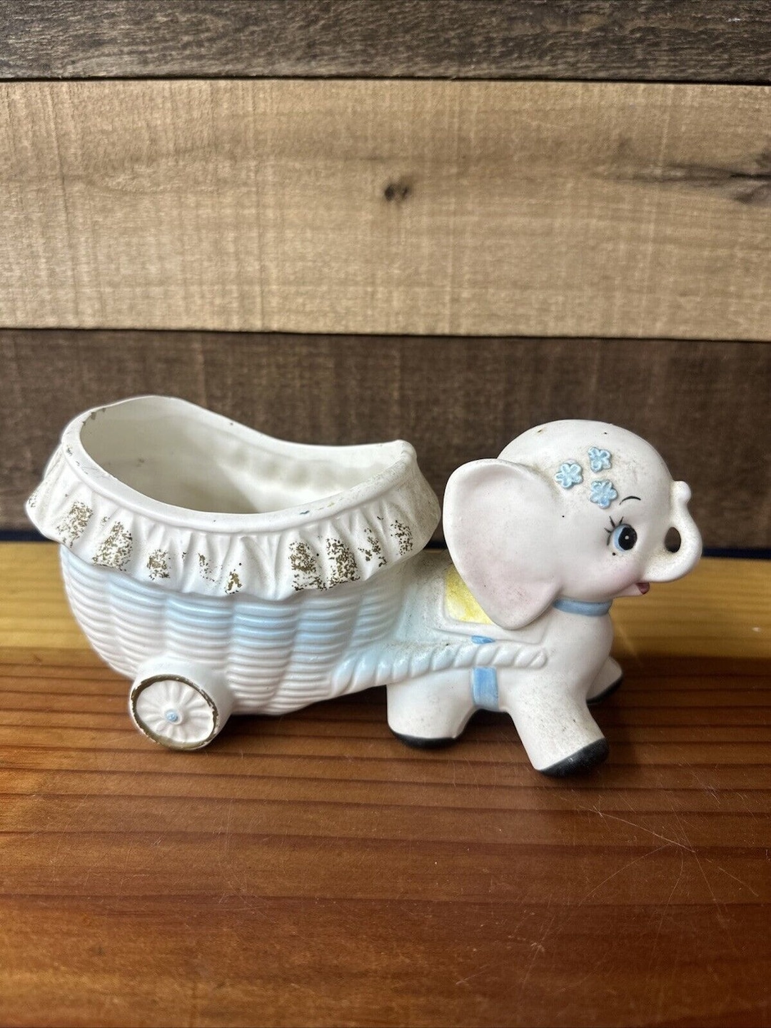 Vintage Lefton Baby Elephant Planter White and Blue Wagon Japan 634 - Etsy