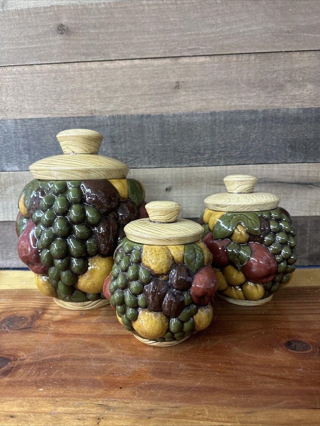 Vintage 1972 Ceramic Canister Set Fruit Handmade Faux Woodgrain Lids - Etsy