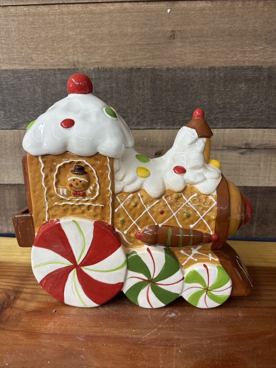 Gingerbread Train Cookie Candy Jar Holiday Christmas Peppermint Wheels ...