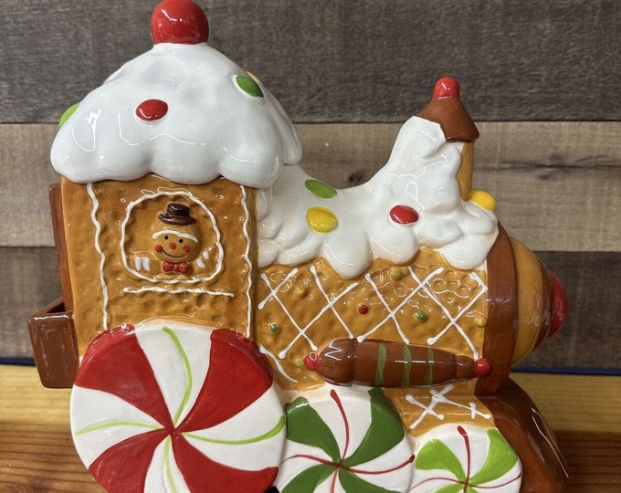 Gingerbread Train Cookie Candy Jar Holiday Christmas Peppermint Wheels ...