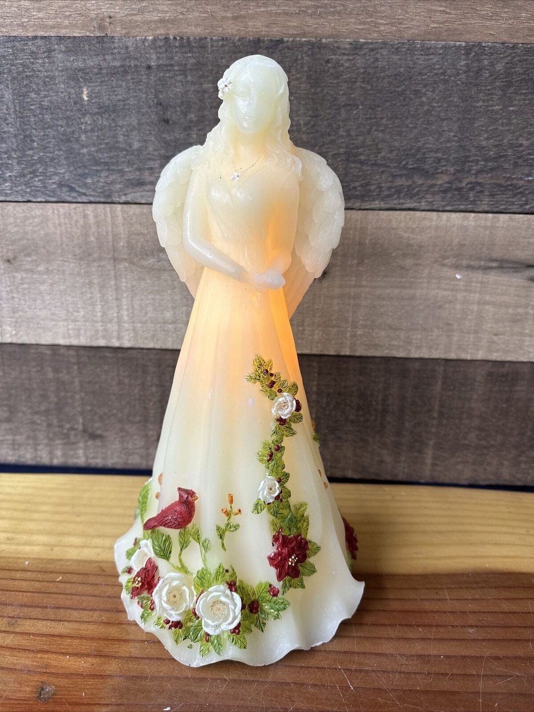 Wax Lighted Angel With Cardinals and Flowers 11”-flaw - Etsy