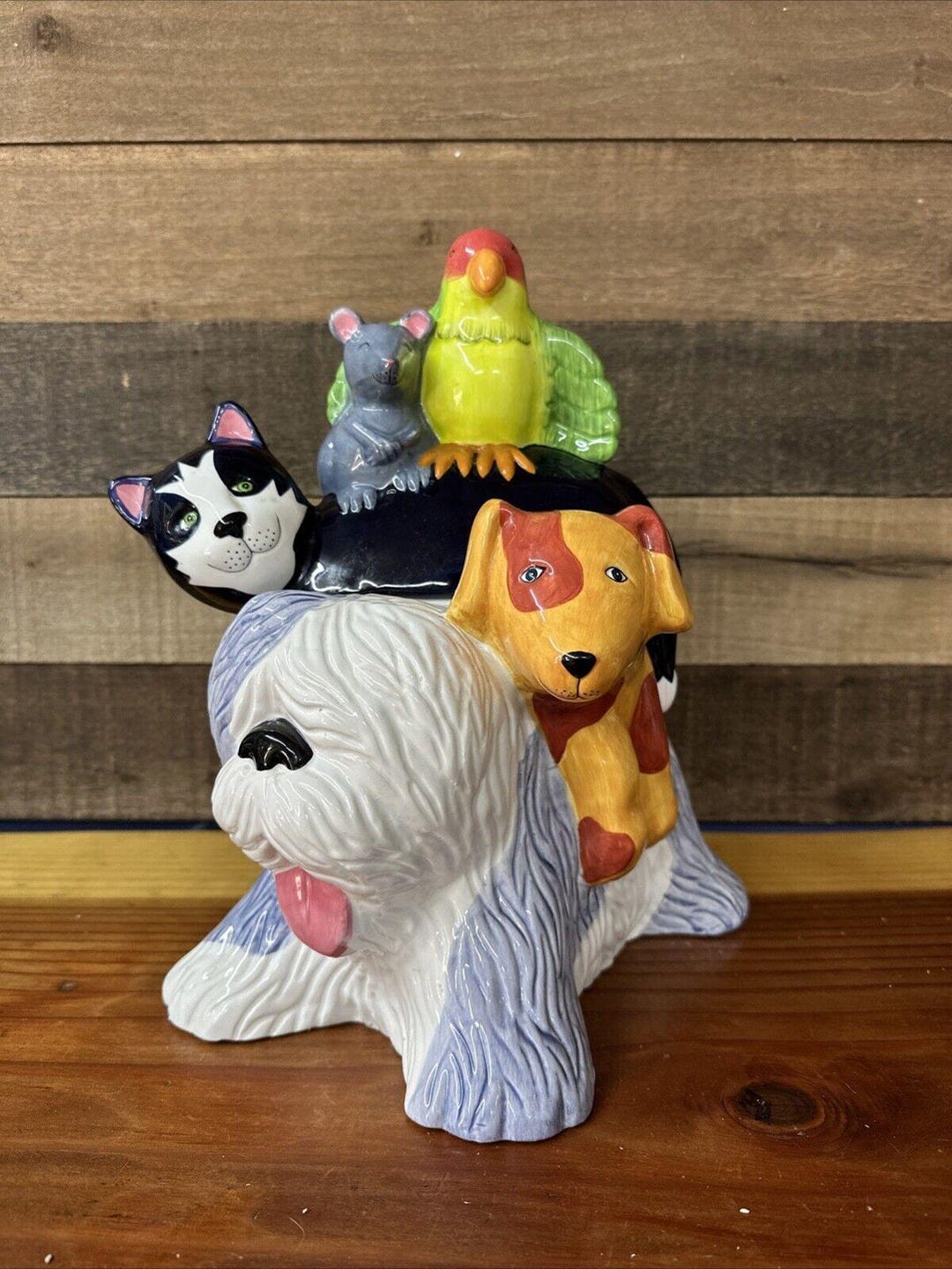 Clay Art Pet Shop Cookie Jar Shaggy Sheep Dog Cat Mouse Parrot 13” Tall ...