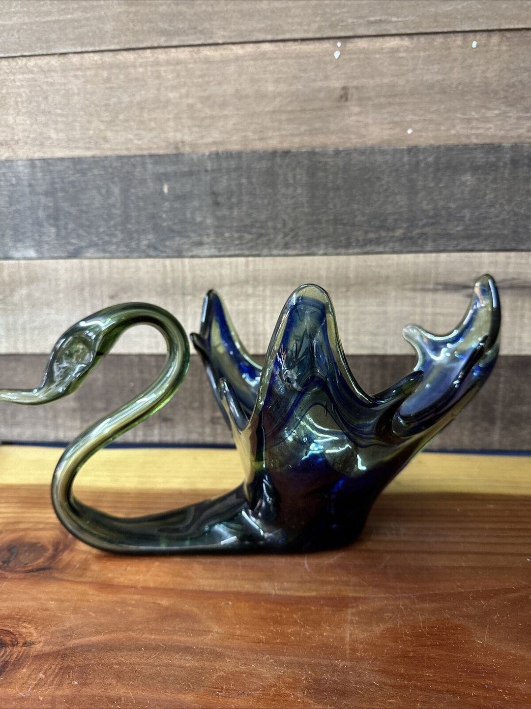 Vintage Sooner Art Glass Swan Vase Bowl Hand Blown Triangular Blue ...