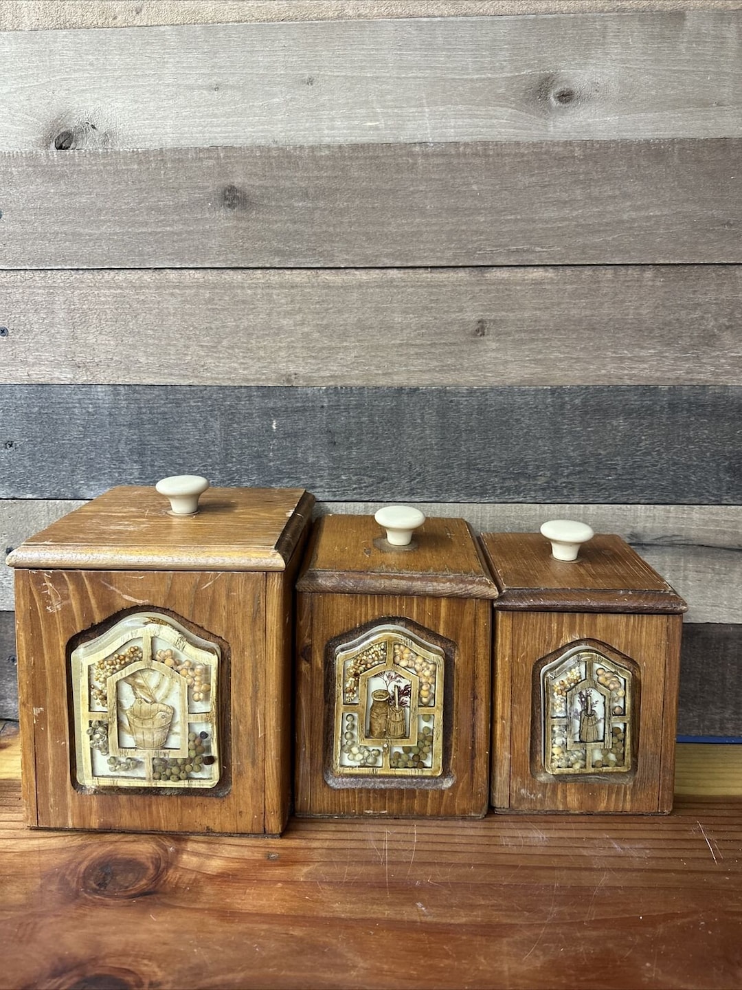 Vintage 3 Piece Wooden Kitchen Canister Set With Lucite Inserts ...