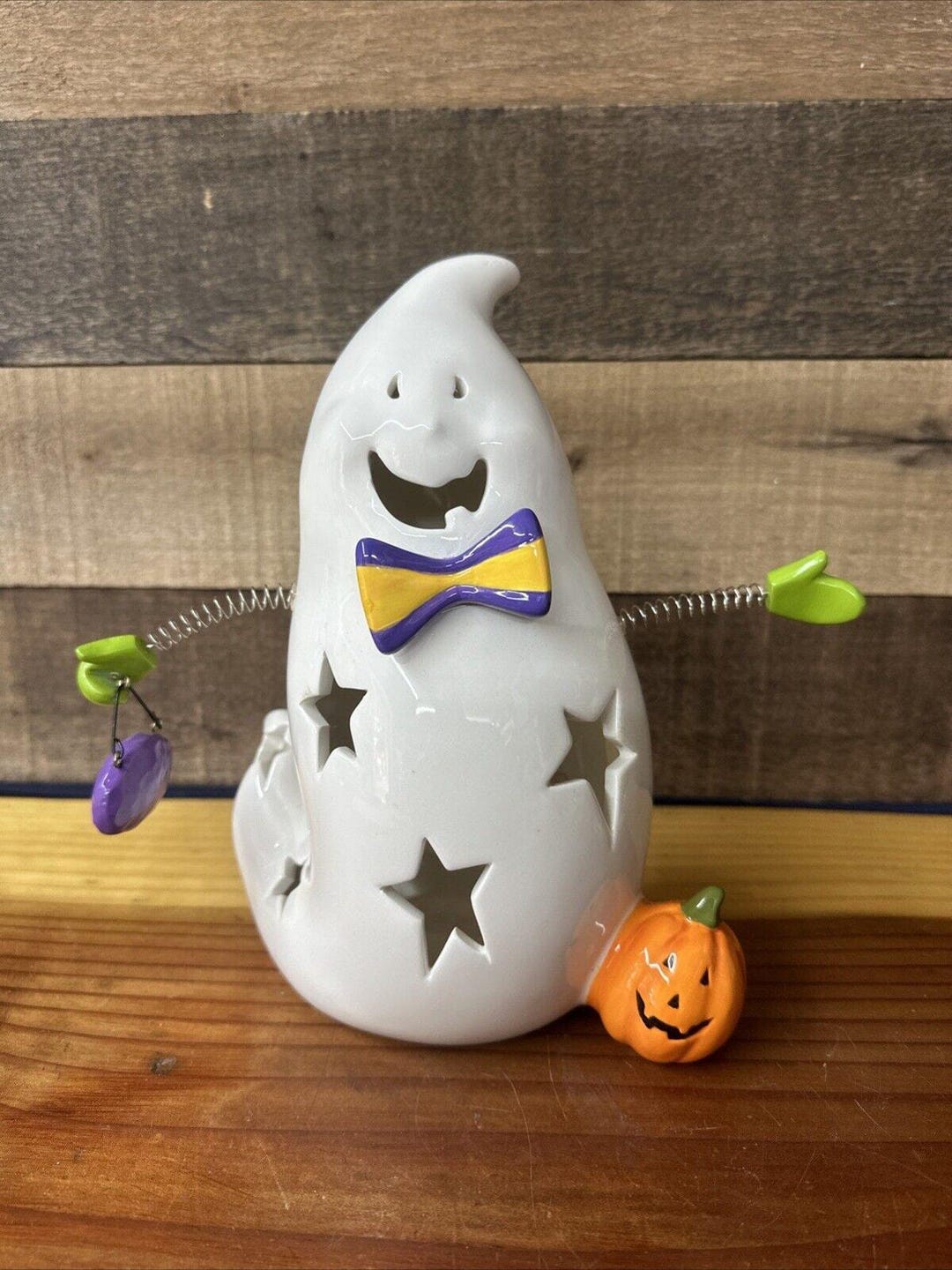 Halloween Boo Ghost Figurine Ceramic Tea Light Holder Star Cutouts ...