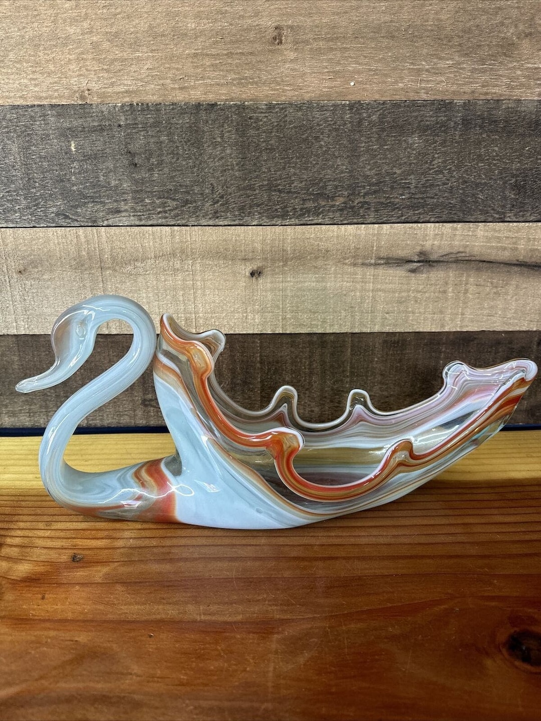 Vintage Sooner Art Glass Swan Vase Bowl Hand Blown Orange/white Swirl ...