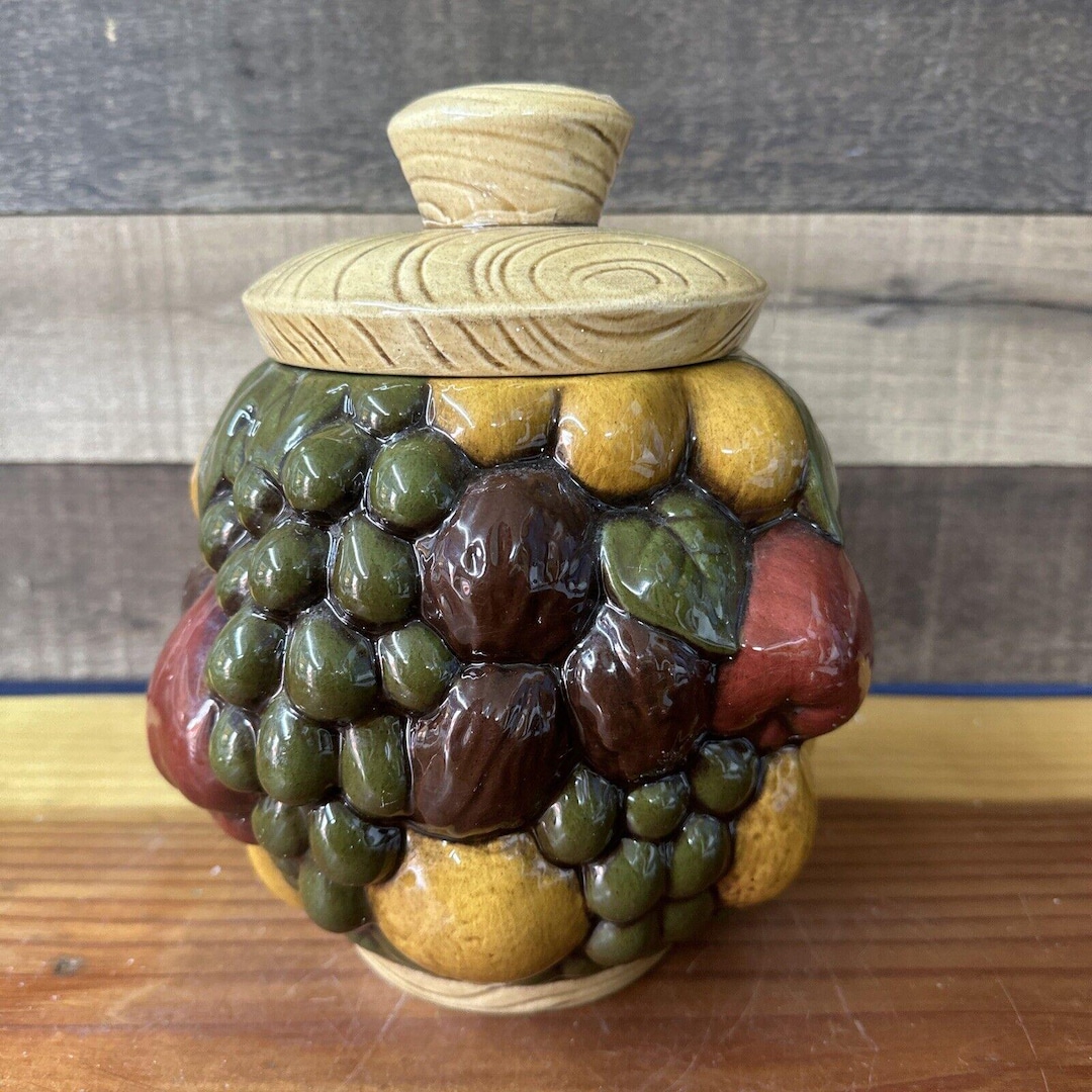 Vintage 1972 Ceramic Canister Fruit Handmade Faux Woodgrain Lid 9” Tall ...