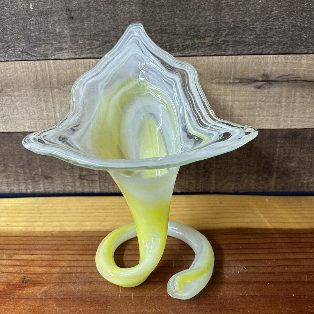 Vintage Sooner Art Glass Vase Coil Pedestal Base Yellow White Swirl 10 ...