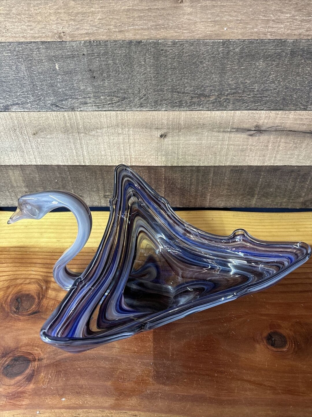 Vintage Sooner Art Glass Swan Vase Bowl Hand Blown Triangular Blues 15 ...