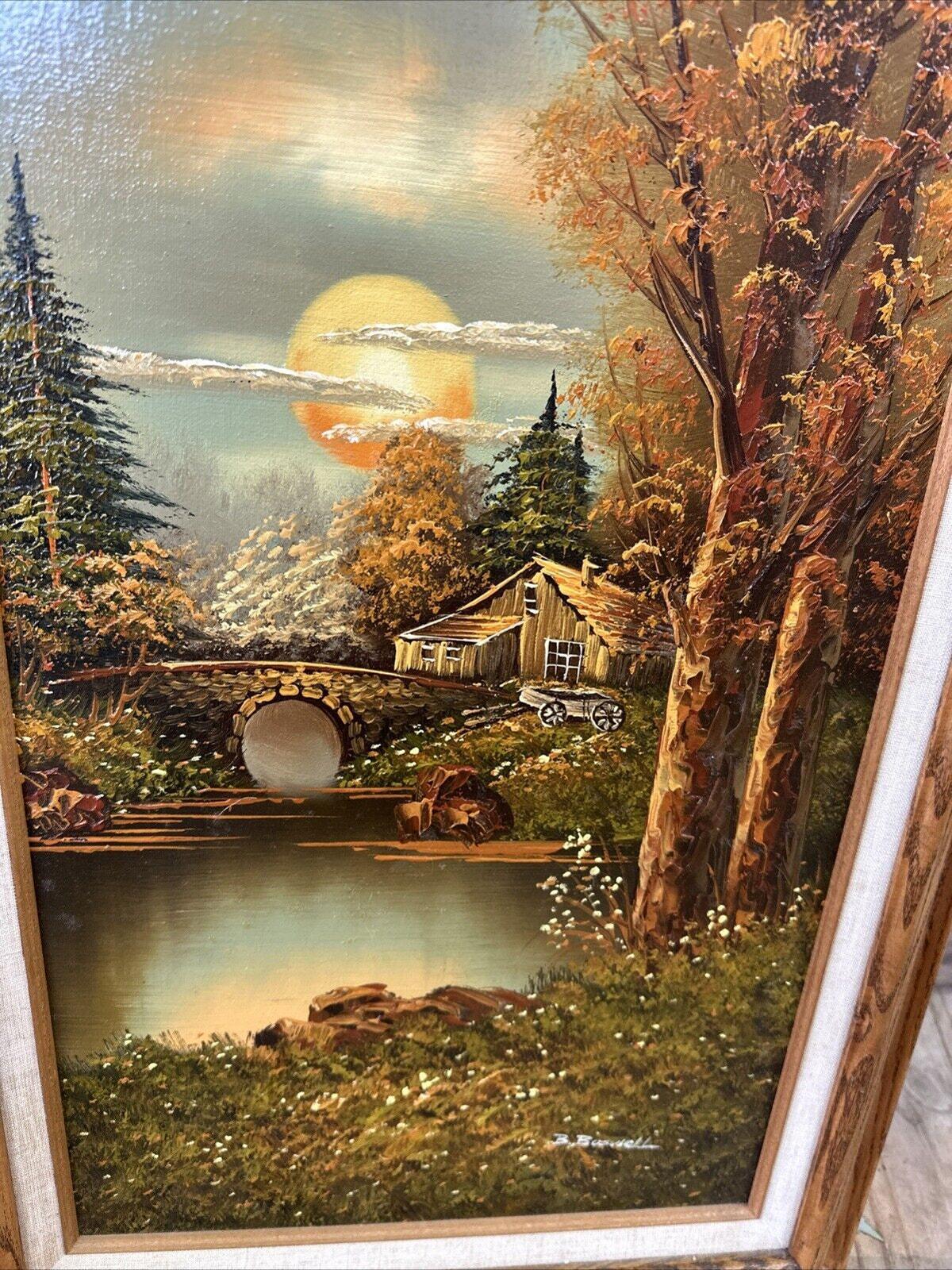 Cabin in the Woods Sunset Oil Painting Framed 28x16 Signed Bill Boswell ...