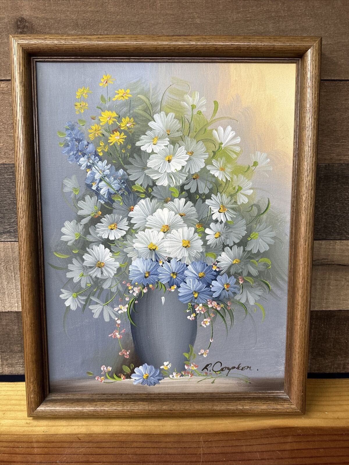 Framed Oil on Canvas Floral Flowers Daisy Vase Painting Signed R ...