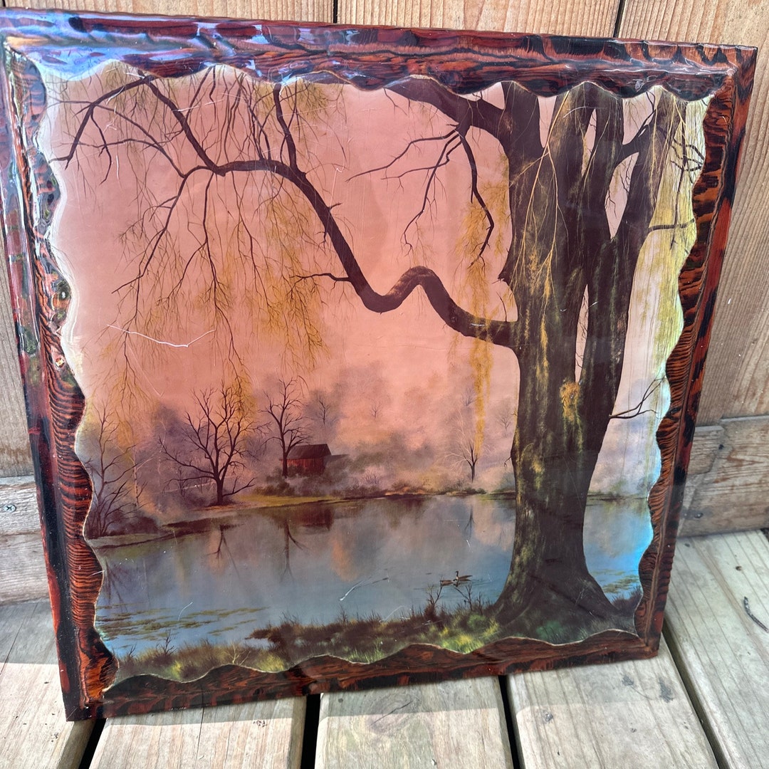 Vintage Lake Scene on Wood Wall Hanging - Etsy