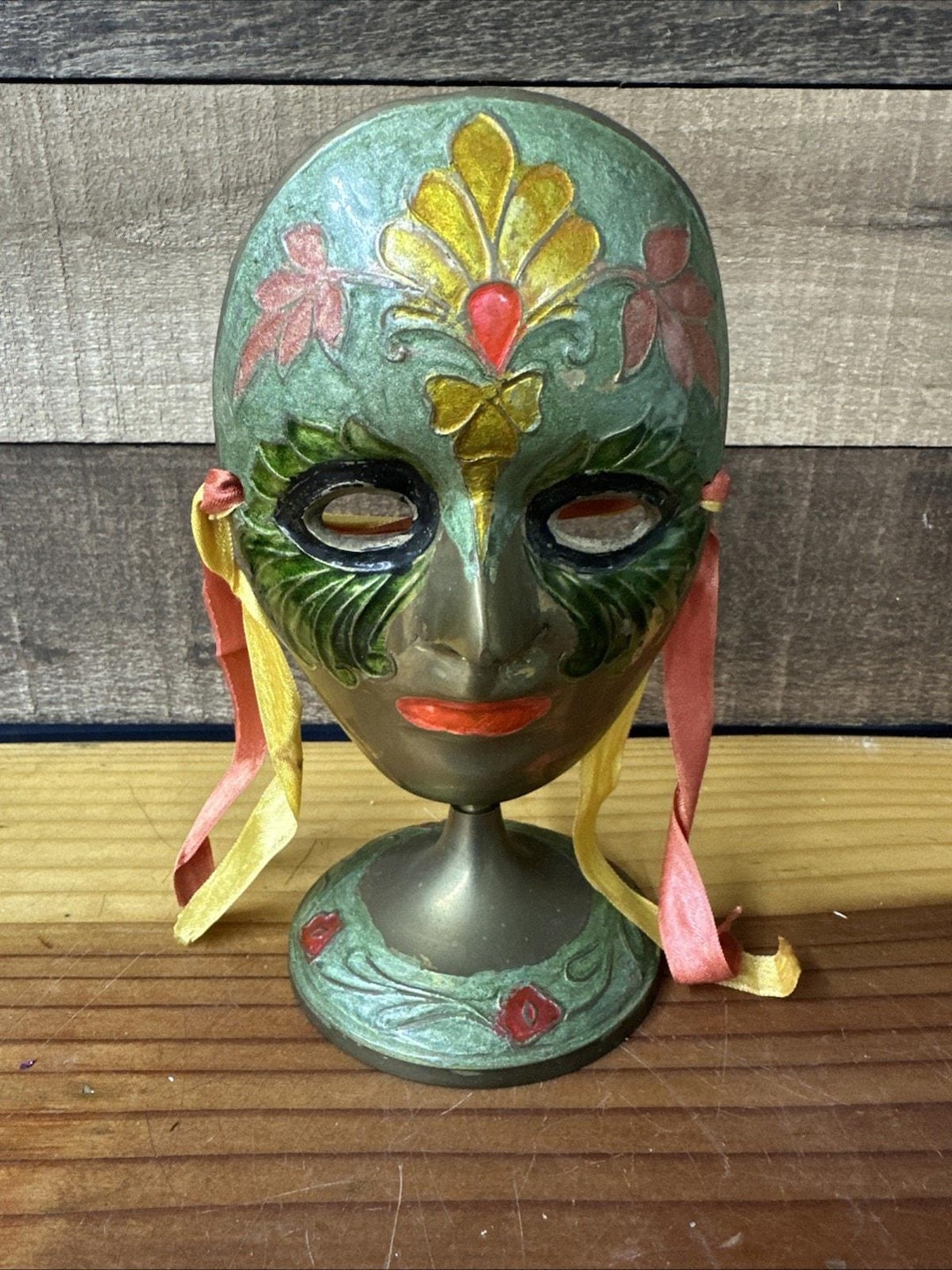 Vtg Brass Mask Mardi Gras Tribal Hand Painted on Brass Stand Made in ...