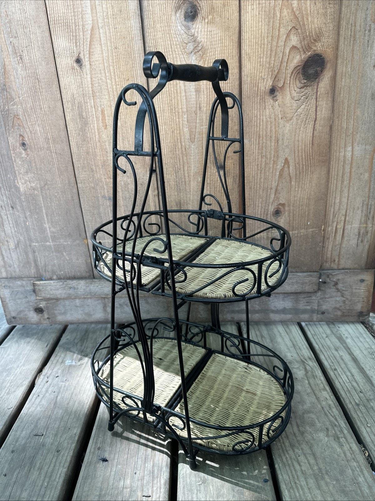 Wrought Iron Metal and Wicker Two Tier Folding Tray 23” Tall - Etsy