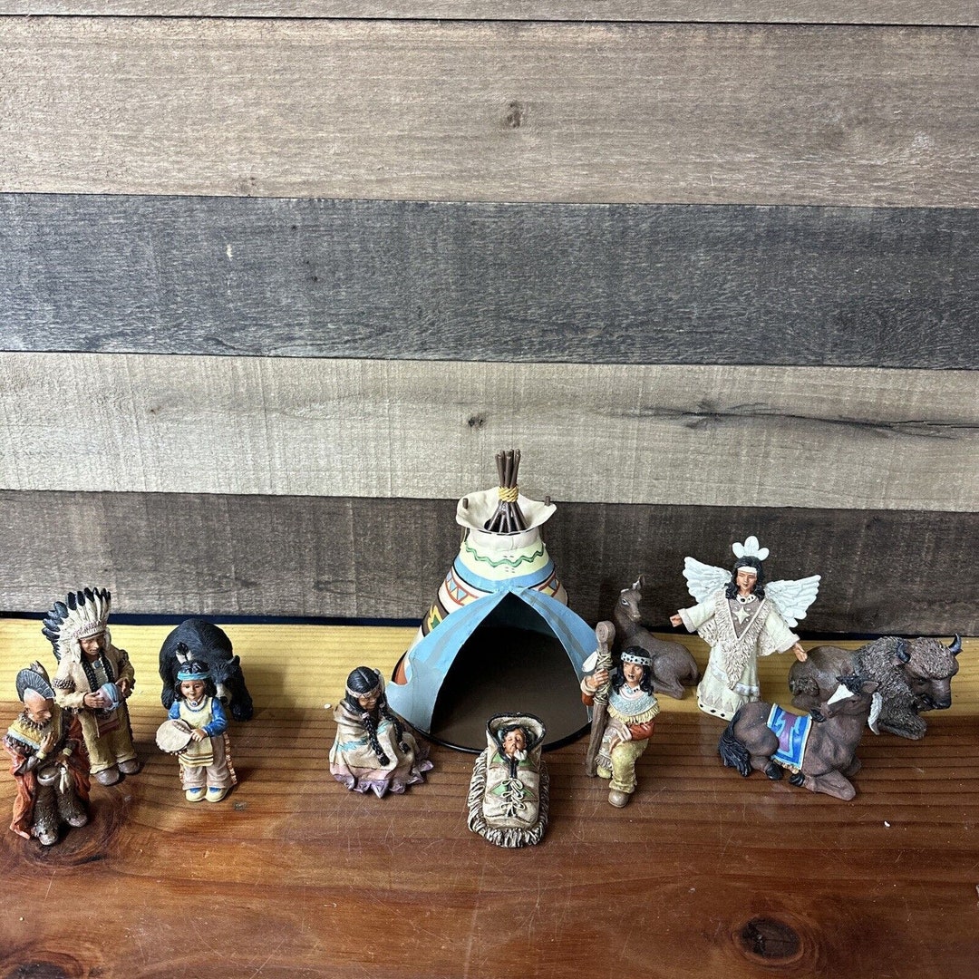 VINTAGE Native American Indian Nativity Teepee Manger 12 Pc Set-flaws ...