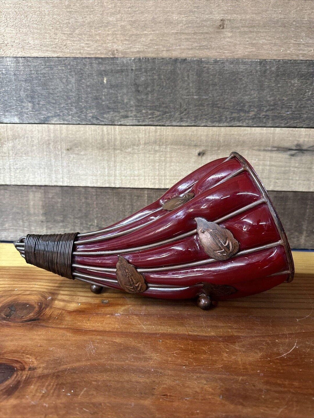 Vintage Cornucopia Horn of Plenty Metal Over Red Squeezed Glass ...