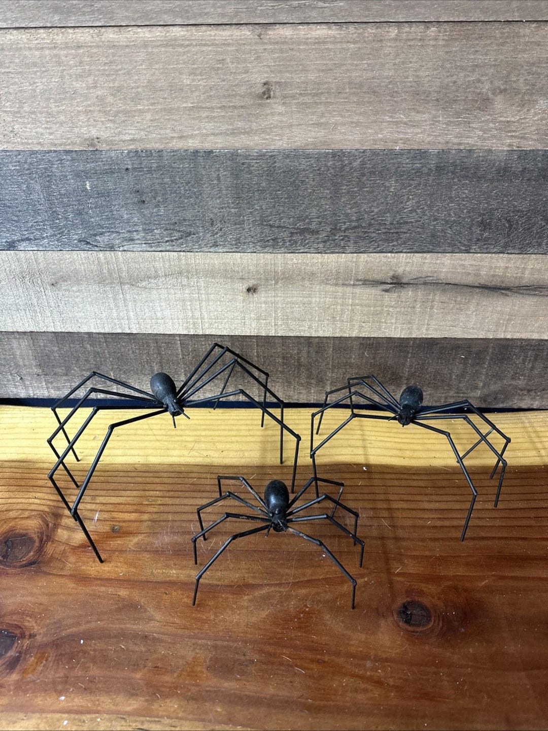 Set of 3 Black Metal Spiders Wood Body Decor Props Scary Creepy ...