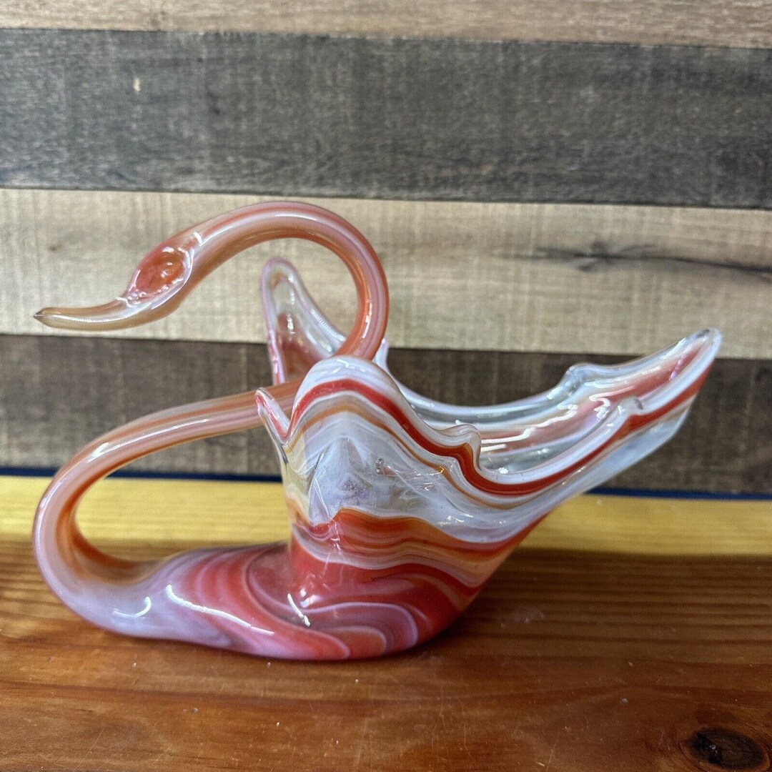 Vintage Sooner Art Glass Swan Vase Bowl Hand Blown Triangular Orange ...