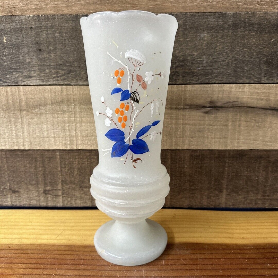 Antique White Opaque Bristol Glass Vase Hand Blown Hand Painted Floral ...
