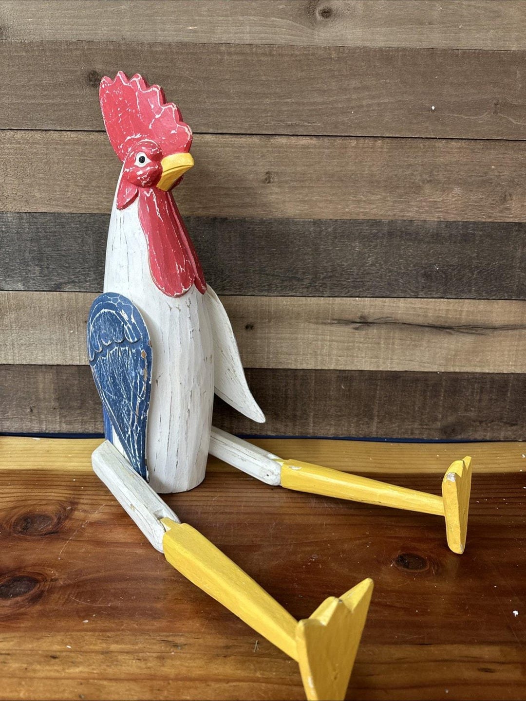 VTG Carved Wooden ROOSTER Chicken Hand-painted Hinged Joint Shelf ...