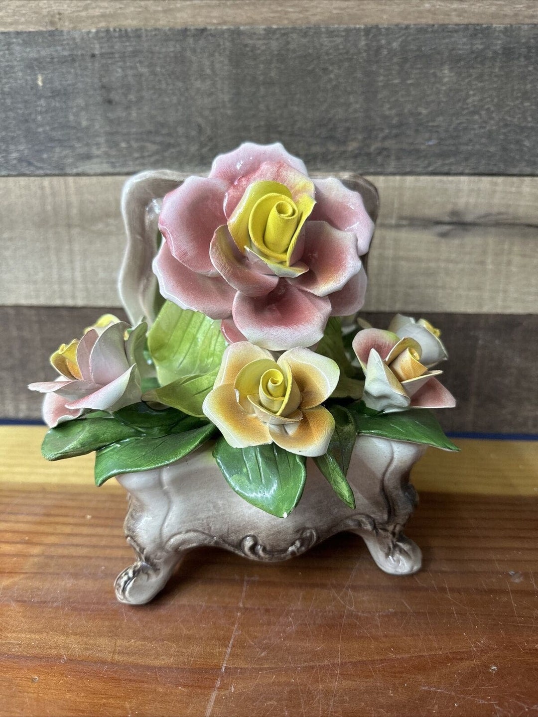 Vintage Roses Yellow Pink in Chest Flower Bouquet Capodimonte Italy ...