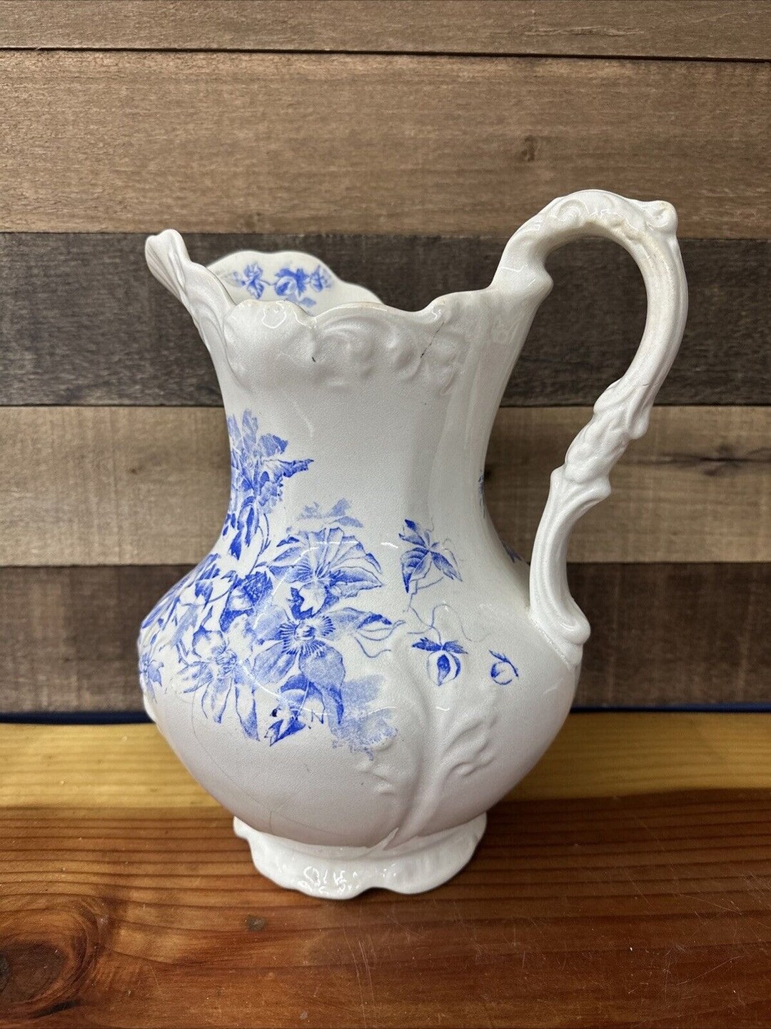 Antique 1893 Wheeling Pottery La Belle 12" Pitcher Blue Flowers -flaws ...