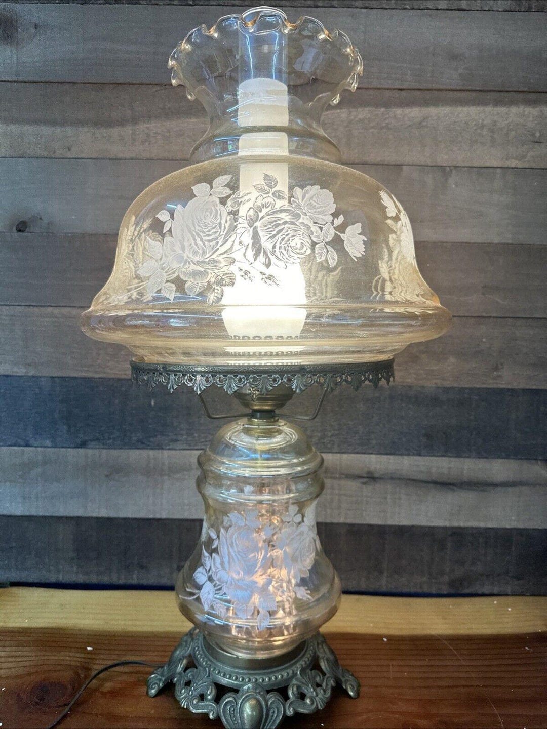 Vintage 3 Way Hurricane Table Lamp With Clear White Floral Design 27 - Etsy