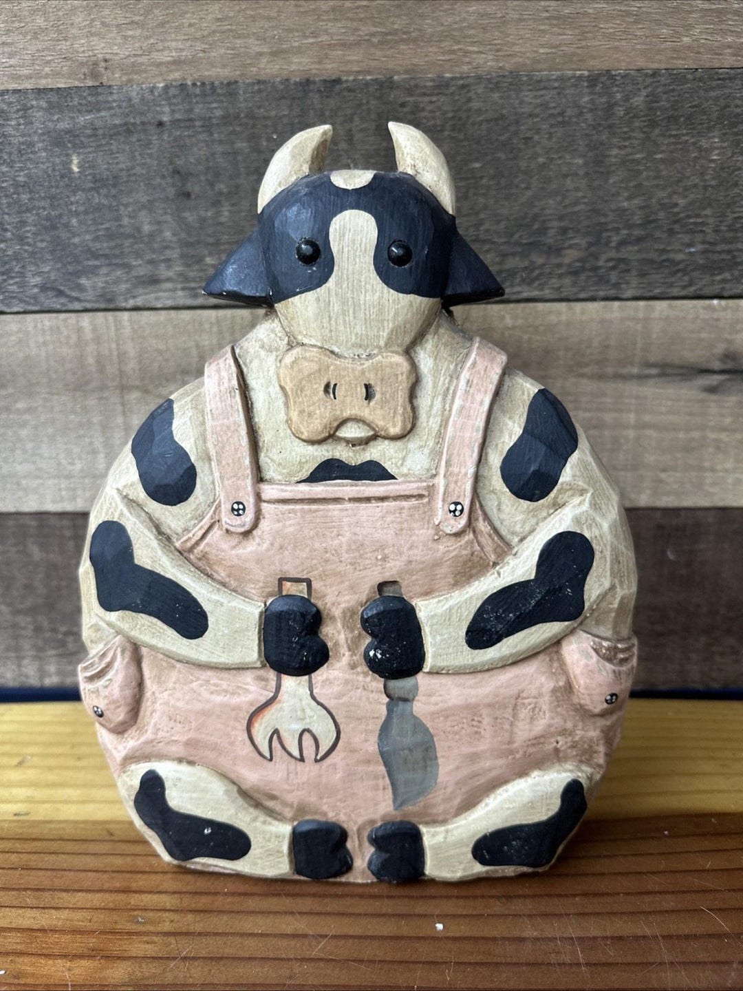 James Haddon Hand Carved Wooden Cow in Overalls Farmhouse Country Decor ...