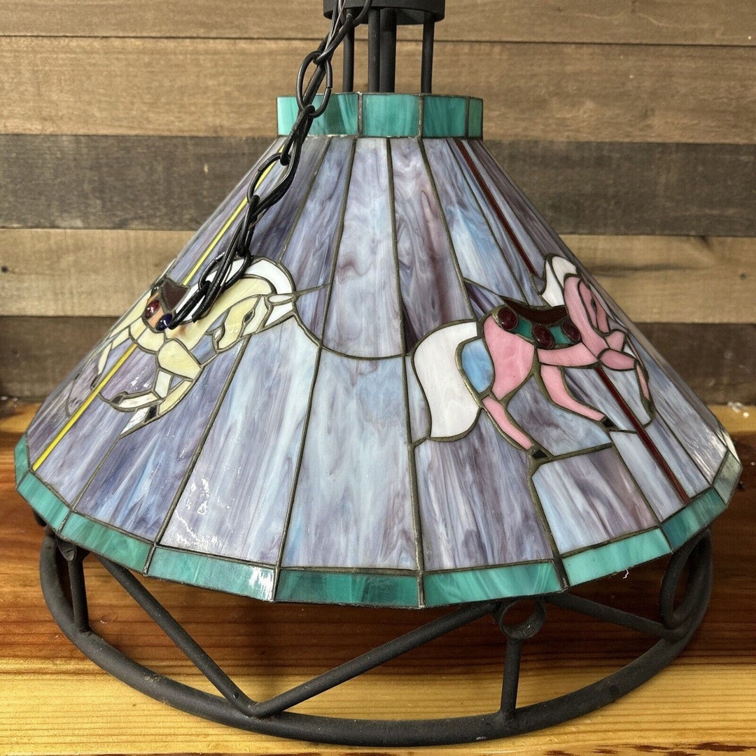 Stained Glass Tiffany Style Hanging Light Carousel Horses Wrought Iron ...