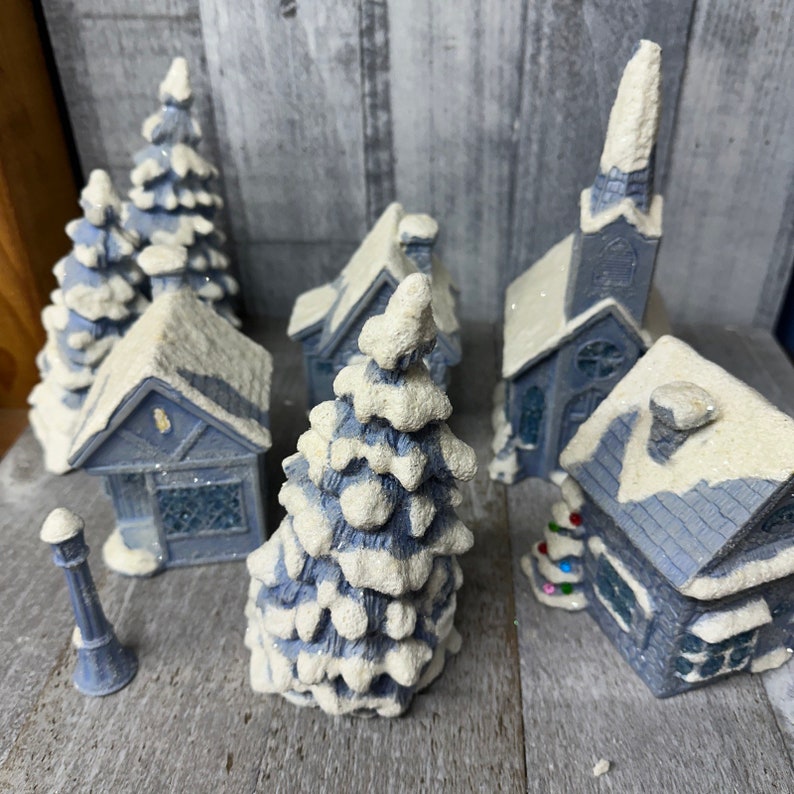 Vintage Ceramic Mold Lighted Blue Village Set on Base 8 Pc Set - Etsy