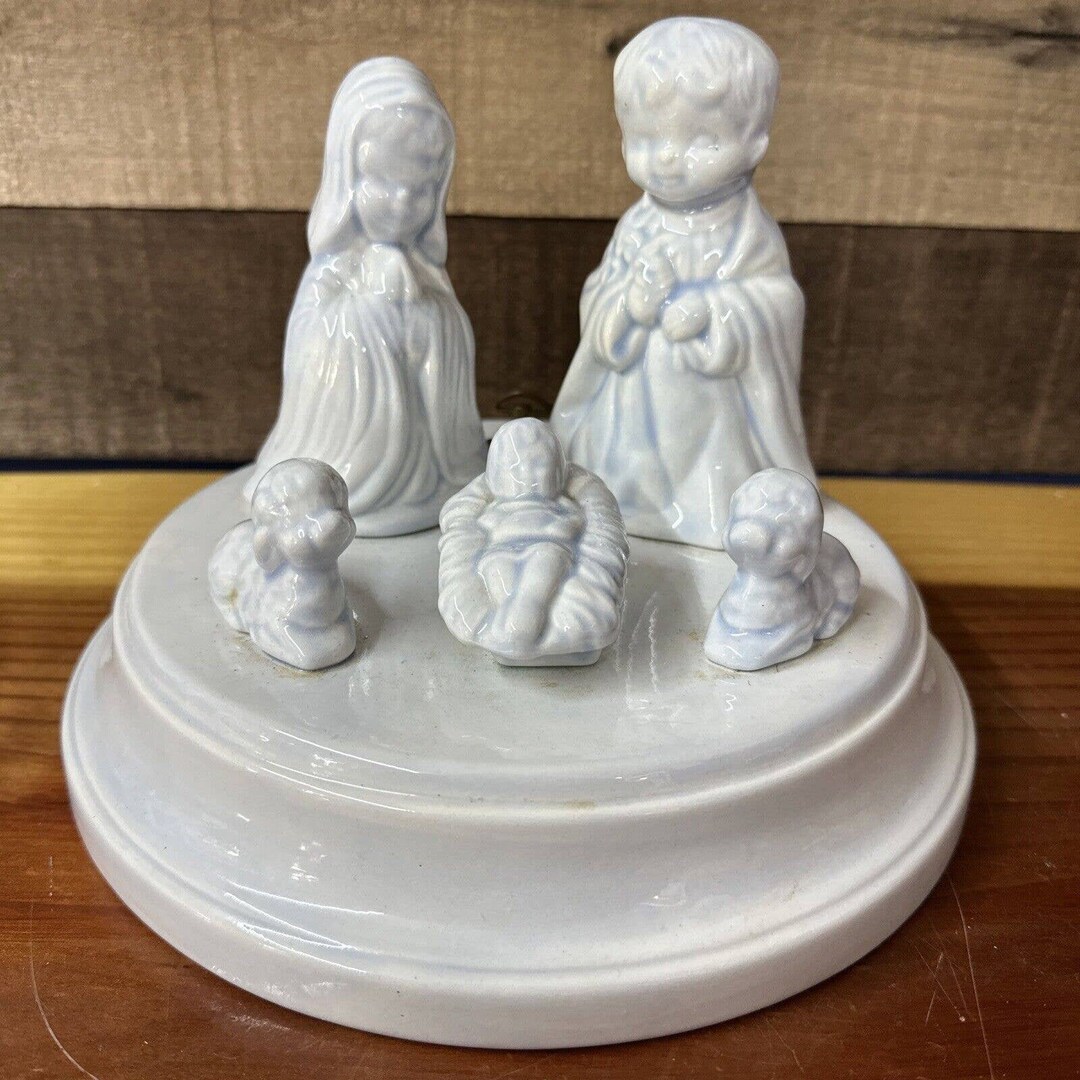 Vintage Atlantic Mold Ceramic Nativity White Blue Manger Plays Silent ...