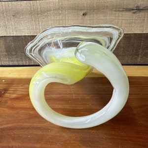 Vintage Sooner Art Glass Vase Coil Pedestal Base Yellow White Swirl 10 ...