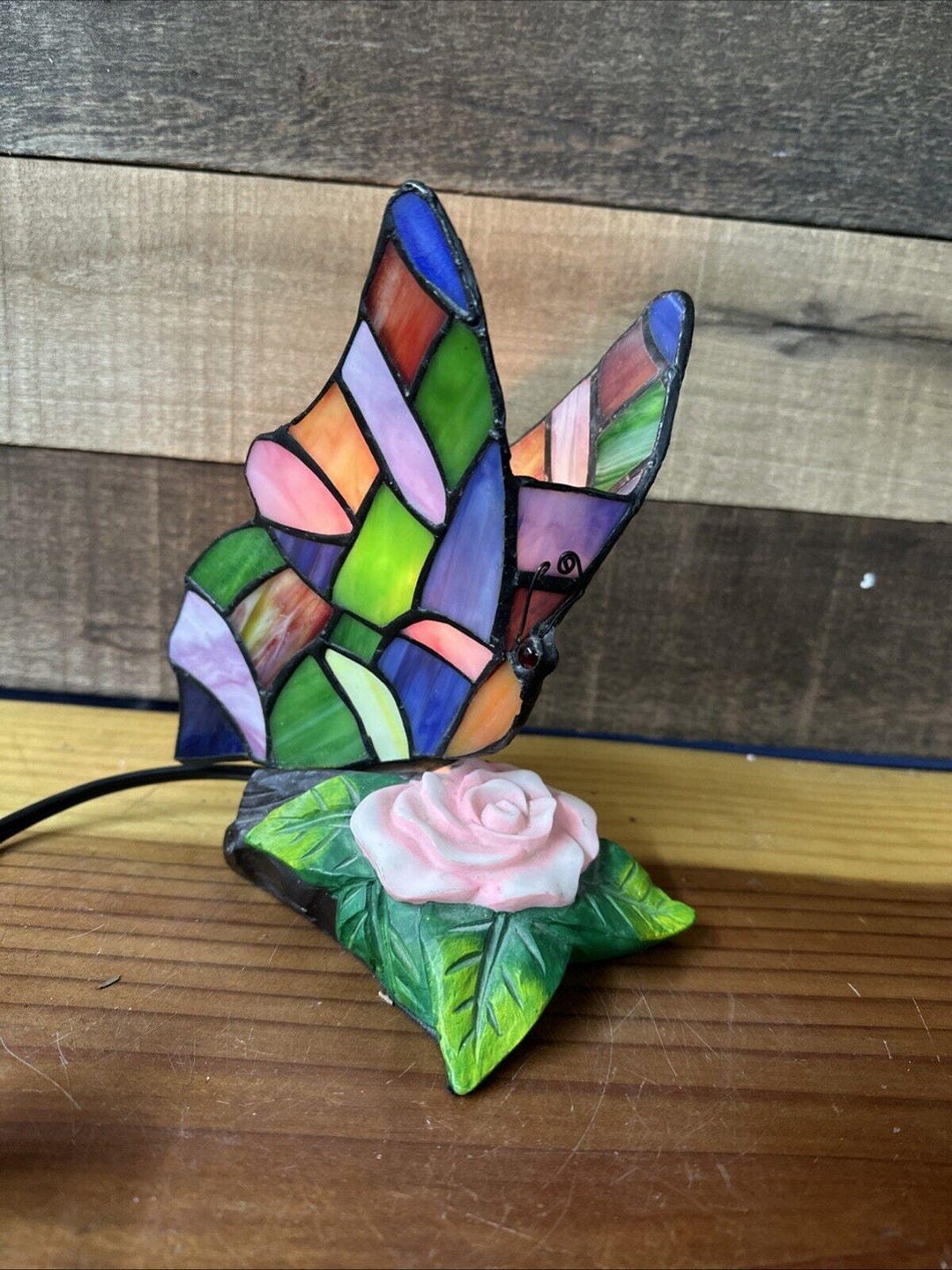 Stained Glass Butterfly Table Lamp Night Light With Pink Rose - Etsy