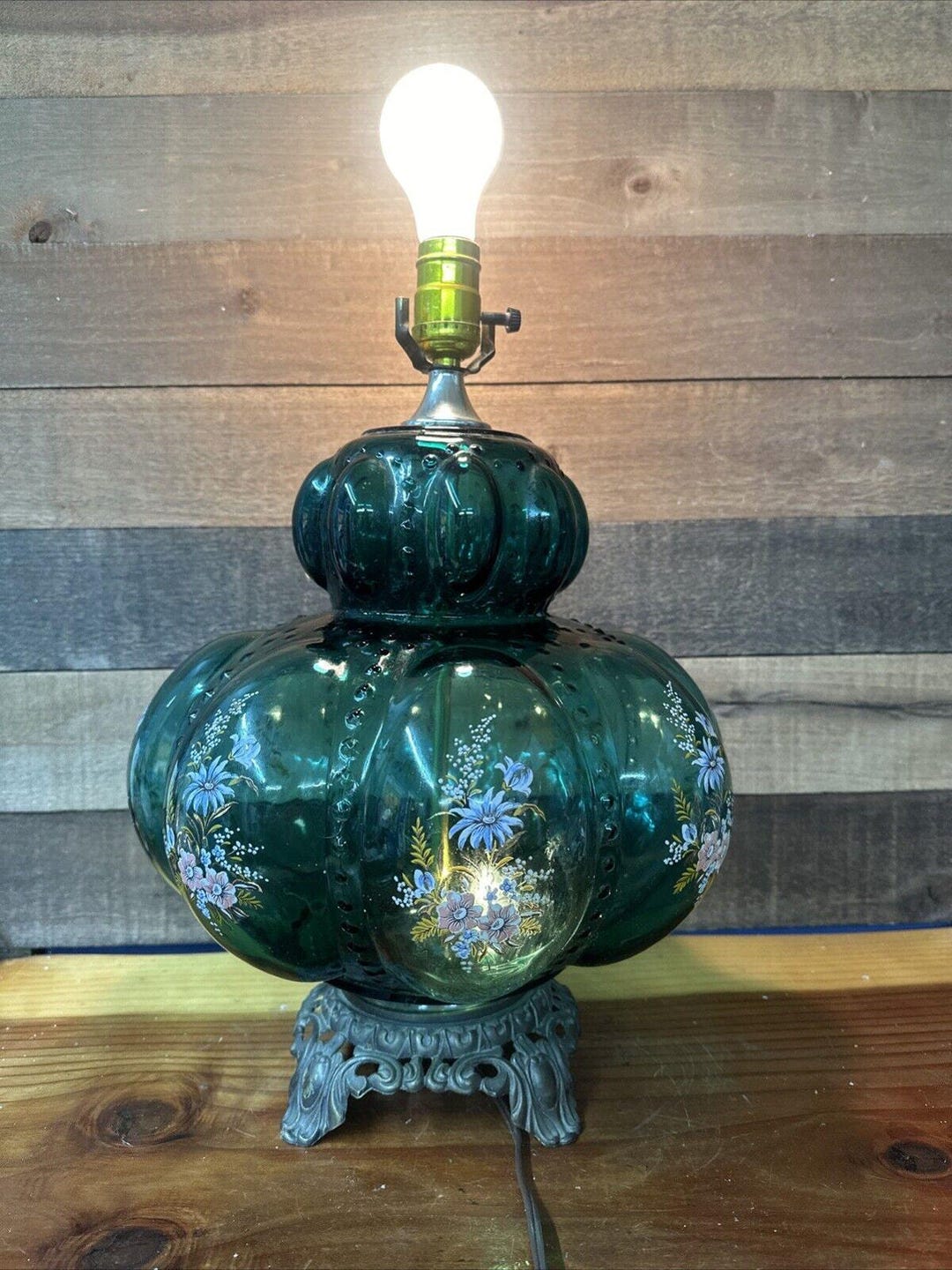 Hollywood Regency MCM Green Melon Lamp Carl Falkenstein Style Floral ...