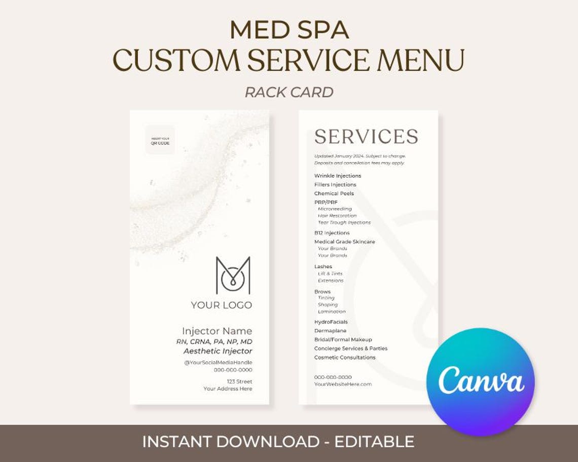 Editable Med Spa Service Menu Rack Card Template | Customizable Canva ...