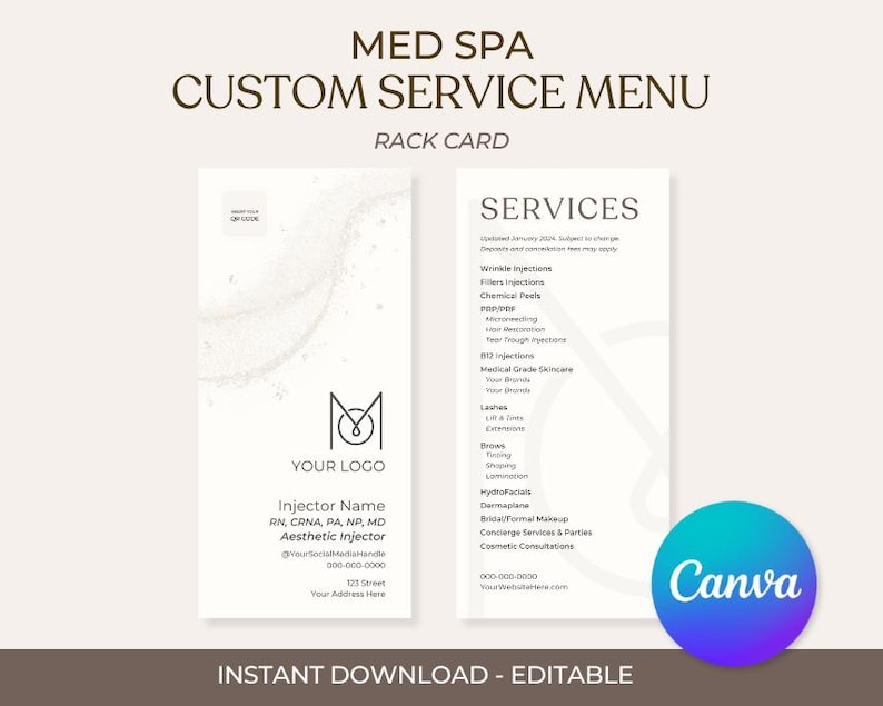 Editable Med Spa Service Menu Rack Card Template | Customizable Canva ...
