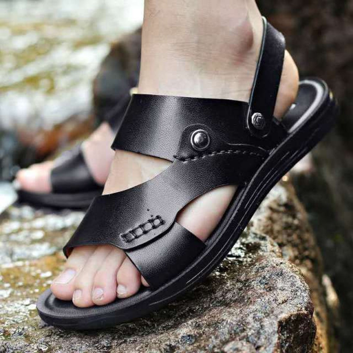 Casual Men Sandals Flat Sandals New Fashion Genuine Leather Etsy